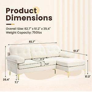 YOUDENOVA 82.7" L Shape Convertible Sectional Sofa, Comfy Chenille Sofa Couch for Living Room with Reversible Chaise, 3-Seat Modern Couch with Removable Cushion for Small Spaces (Beige)