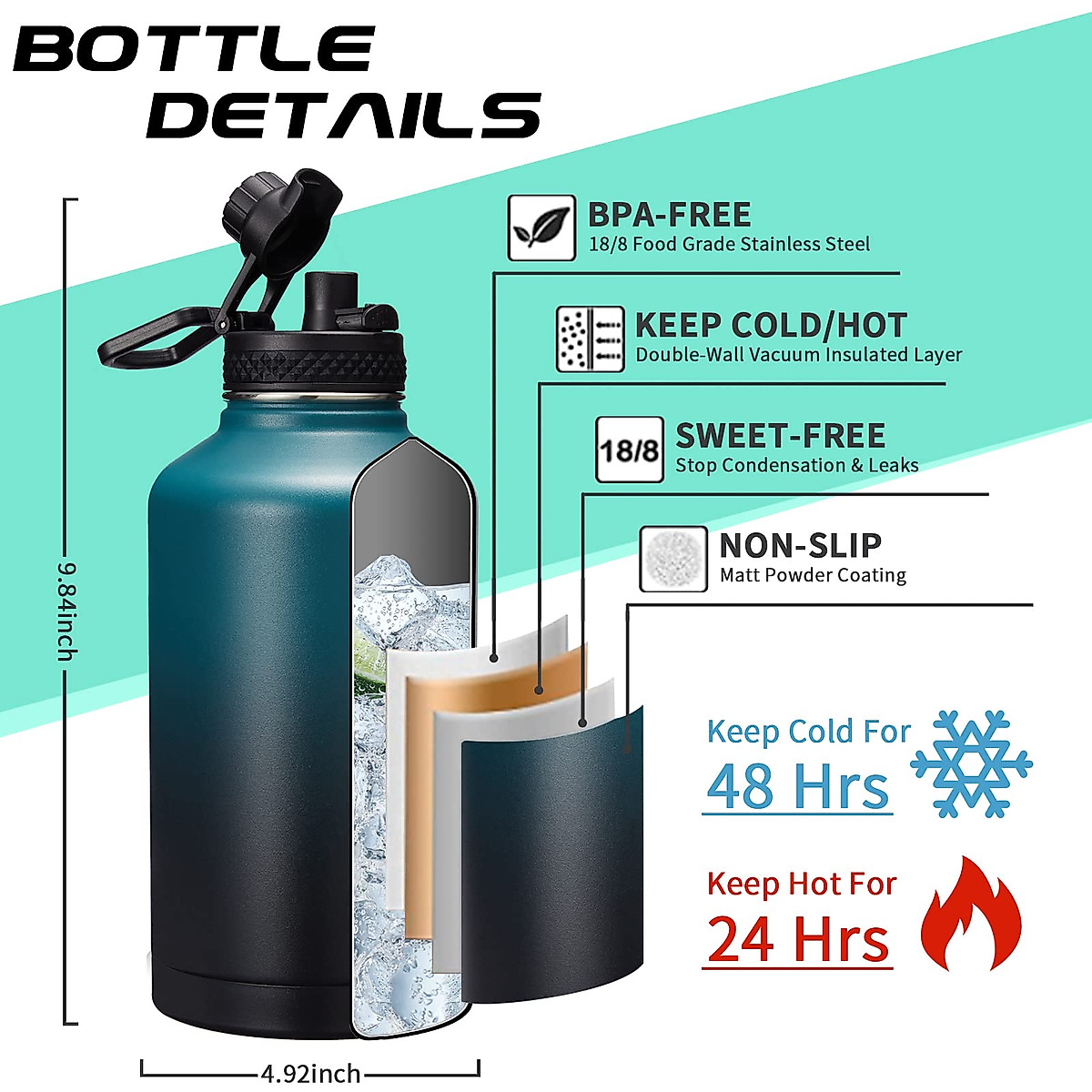 40 oz Flask Water Bottles with 64oz Water Jug - Stainless Steel Water Bottle with Straw, Paracord Handle & Strap, Double Wall Insulated Thermo Water Bottle that Keep Cold for 48H Hot for 24H