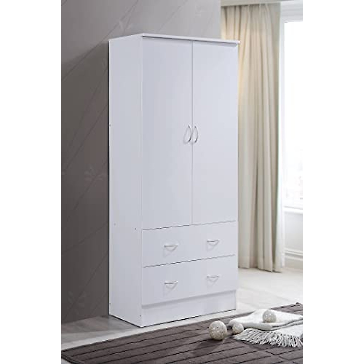 HODEDAH IMPORT Two Door Wardrobe, with Two Drawers, and Hanging Rod, White.
