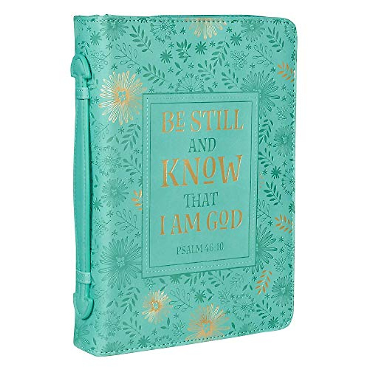 Christian Art Gifts Women's Fashion Bible Cover Be Still and Know Psalm 46:10, Turquoise/Gold Floral Faux Leather, Medium