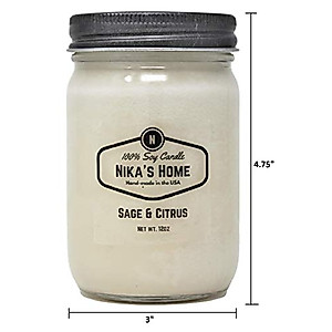 Nika's Home Sage & Citrus Soy Candle 12oz Mason Jar Non-Toxic White Hand Poured Candle- Handmade, Long Clean Burning 50-60 Hours Highly Scented All Natural, Candle Gift Décor