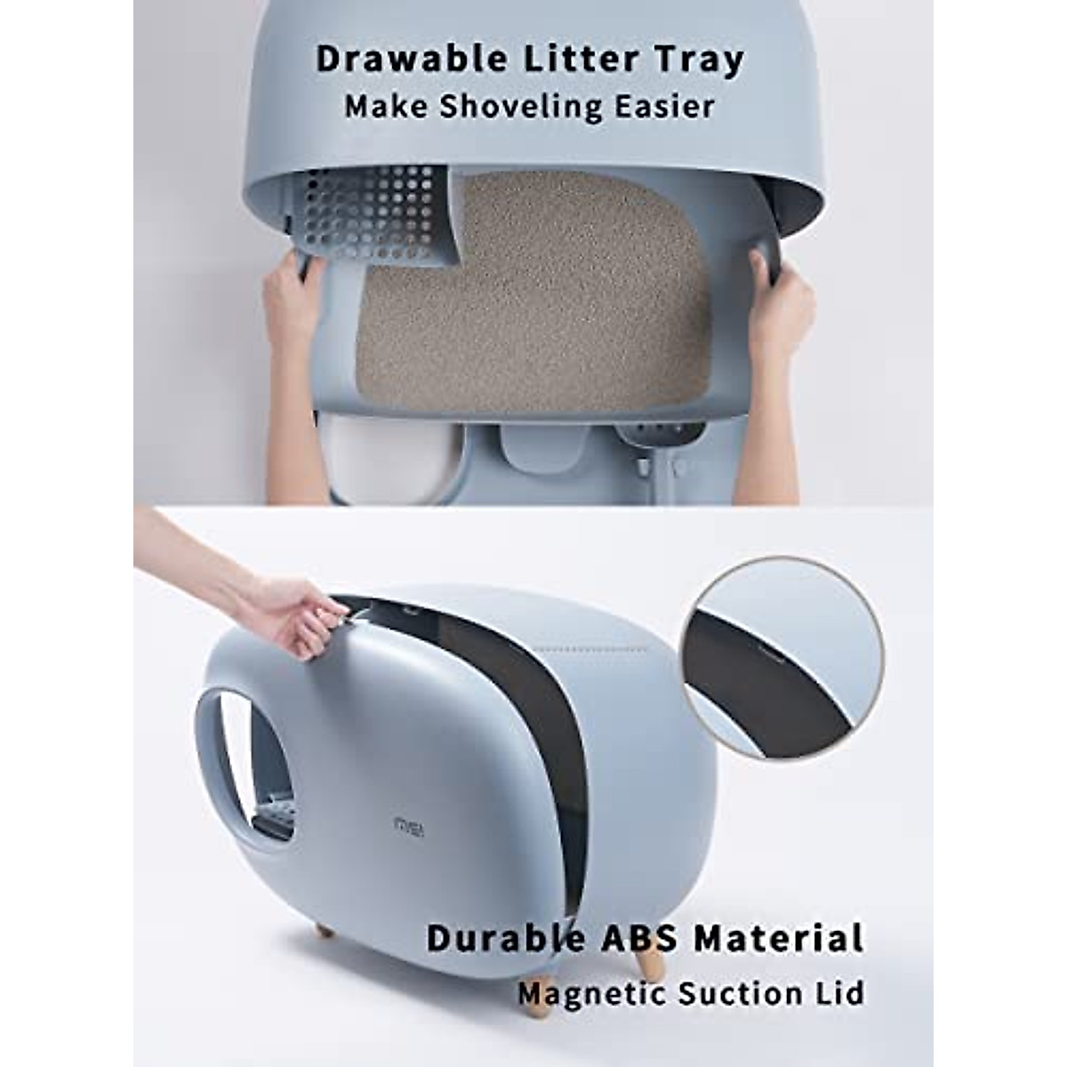 MS!MAKE SURE Cat Litter Box (with Litter Mat), Enclosed Design, Large Space Litter Box with Lid, Prevent Sand Leakage and Isolate Odors, Easy to Clean, with Cat Litter Scoop - Gray Blue