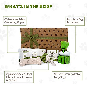 Doggy Do Good Dog Essentials Bundle - 60 Count Poop Bags with Dispenser, Pet Grooming Wipes, 2 Dog Toys - Must Have Supplies for New Puppy Owners