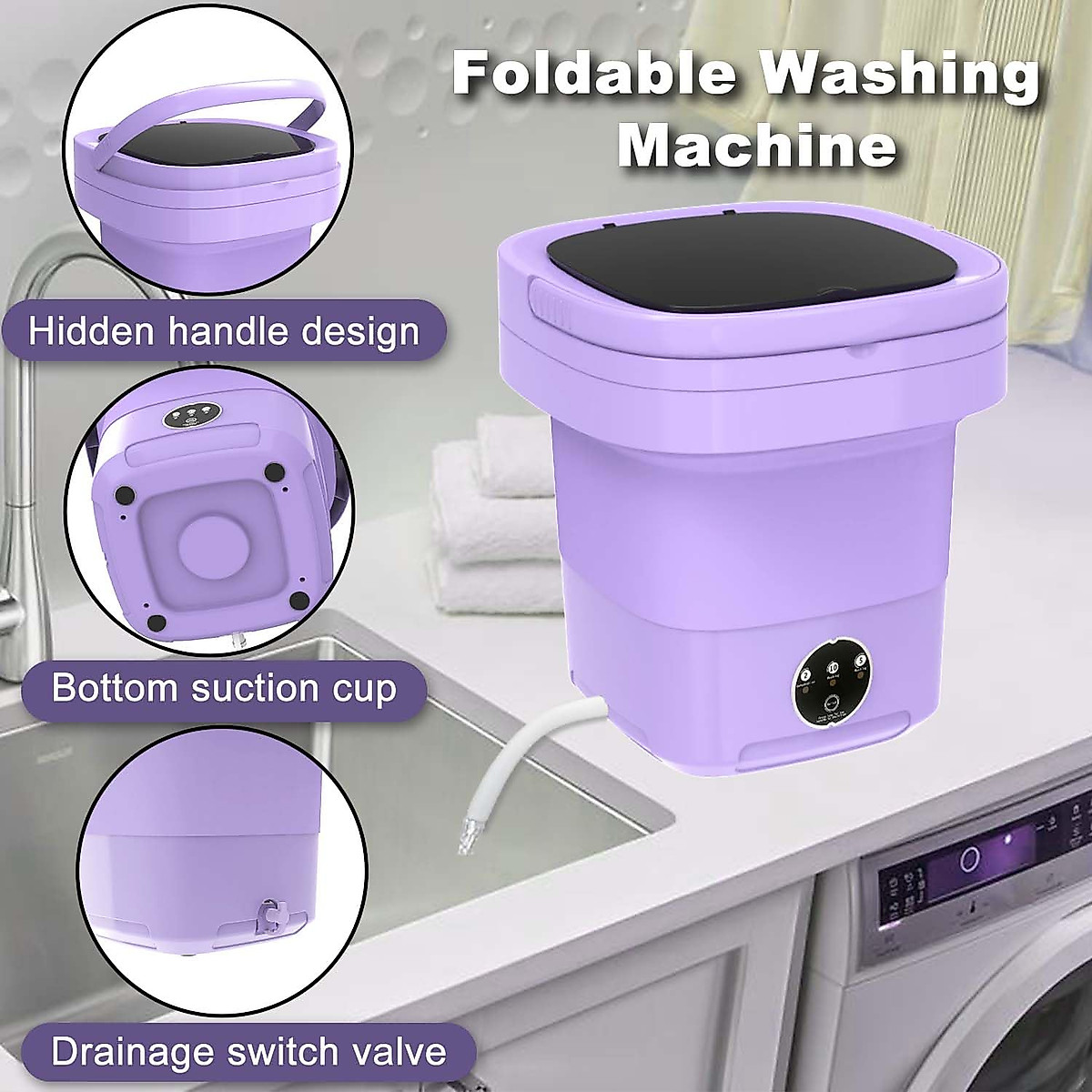 Portable Washing Machine, 12L Large Capacity Mini Washing Machine, Foldable Collapsible Washer and Dryer with Spin for Travel, Socks, Baby Clothes (Purple)