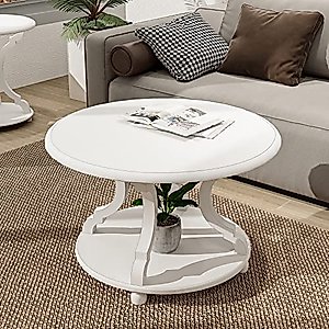 FINECASA Wood Coffee Table,Round Coffee Table Living Room, Round Cocktail Table with Storage, Sofa Table with Shelf, 31.0x18.3 Inches, Accent Tables with Carved Legs for Living Room, White