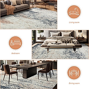 Area Rug for Living Room: Machine Washable Rugs for Bedroom 5x7 Indoor Abstract Rug Low Pile Dining Room Rug Non-Slip Farmhouse Area Rug Stain Resistant Office Rug - Beige Blue