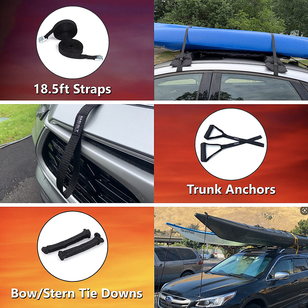 Best Marine and Outdoors Soft Roof Rack Pads, Premium Kayak Roof Racks for Canoes, SUP Paddle Boards & Surfboards, Luggage Carrier for Cars Without Crossbars