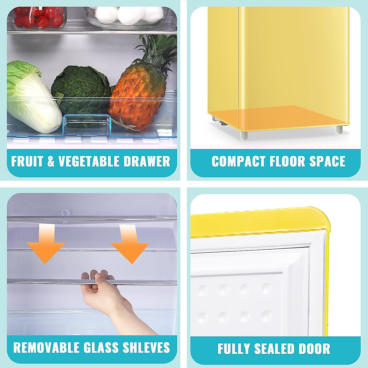 WANAI Mini Fridge Dual Door Refrigerator with Freezer 3.5 Cu.Ft, Compact Refrigerator with Adjustable Temperature & Removable Glass Shelves, Fridge for Apartment/Dorm/Office/RV, Yellow