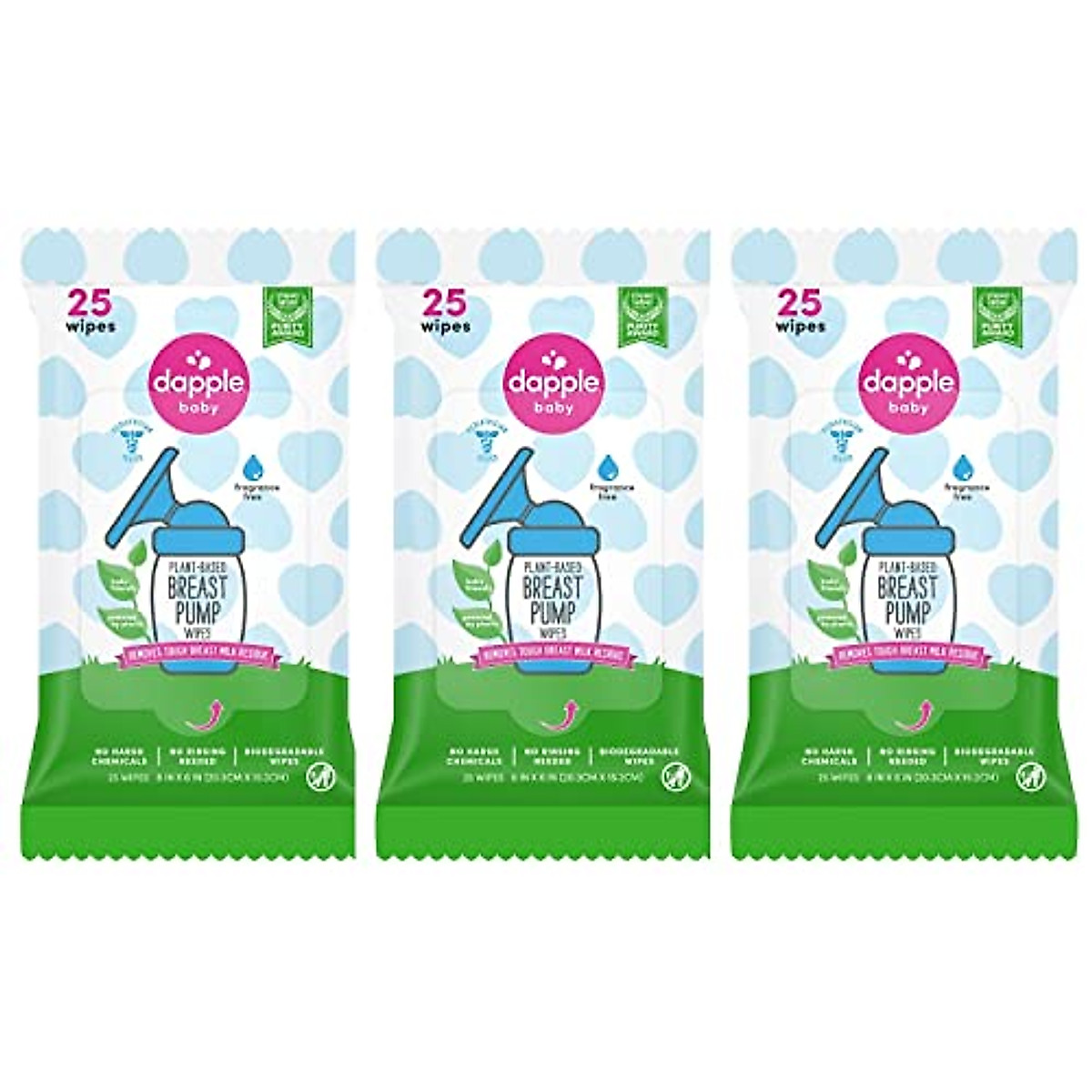 Breast Pump Wipes by Dapple Baby, 25 Count (Pack of 3), Fragrance Free, Plant Based & Hypoallergenic Breast Pump Wipes - Removes Milk Residue, Leaves No Taste - Convenient Wipes Pouch