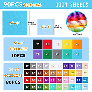 Loyisal 90PCS Felt Fabric Sheets Craft Kit - 4"x 4" + 6"x 6" Assorted Colors - 1mm Thick Square Nonwoven Felt Fabric for Crafts DIY