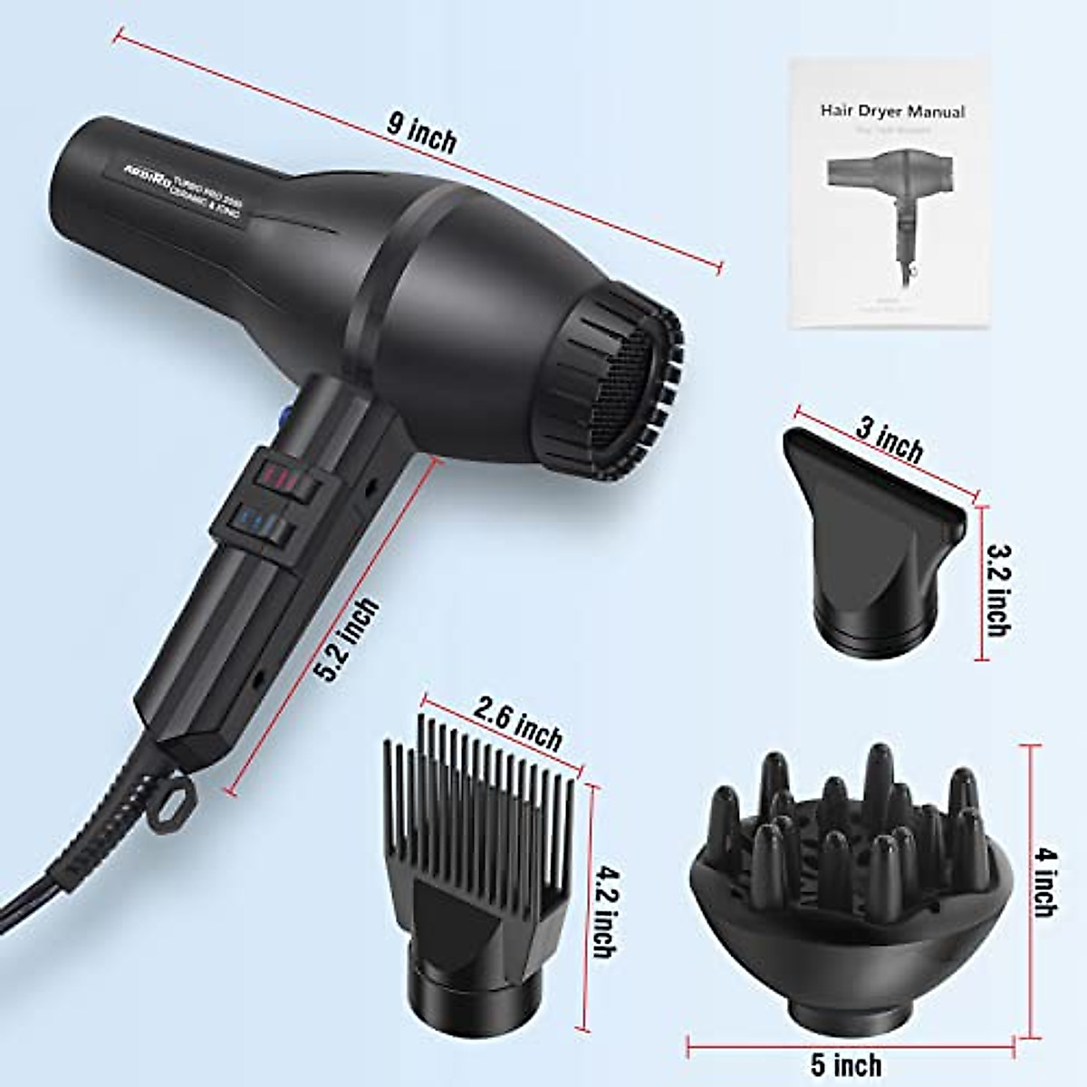 ARDIRO 2000W Professional Hair Dryer, Negative Ionic Salon Hair Blow Dryer for Quick Drying with AC Motor, Hairdryer with Diffuser & Concentrator, 3 Heat & 2 Speed Setting for Women Men Kids -Black