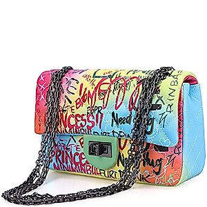 Scioltoo Satchel Handbags for Women Neon Multicolor Colorful Shoulder Crossbody Cute  Brilliant Color Clutch Purses Graffiti Evening Bag with Zipper and Long Strap Yellow
