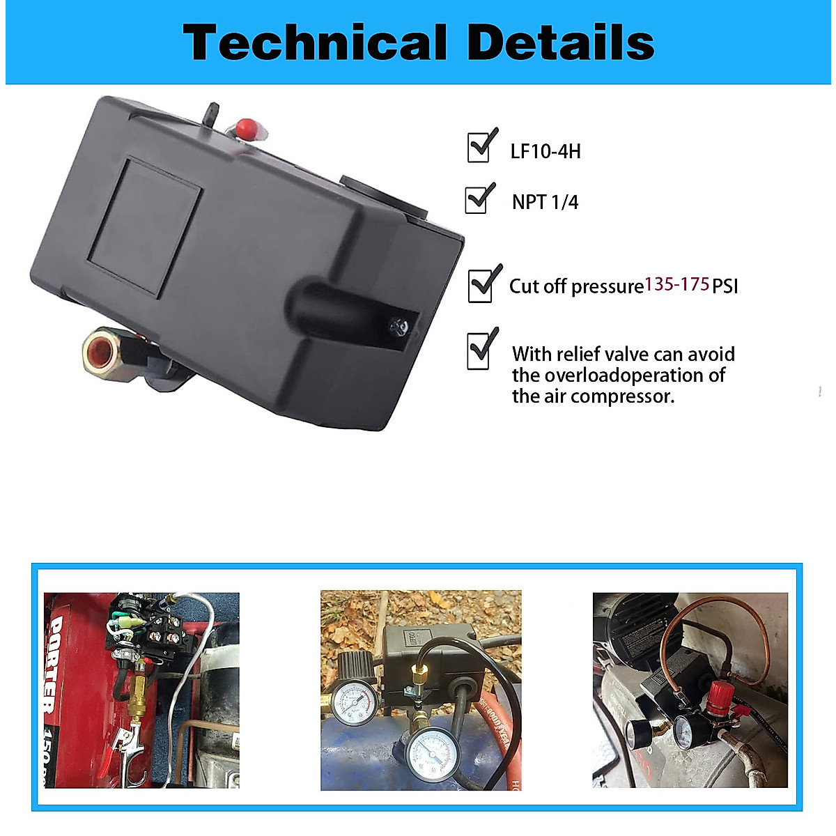 Heavy Duty Pressure Switch for Air Compressor 135-175 psi Four 4 Port 26 Amp