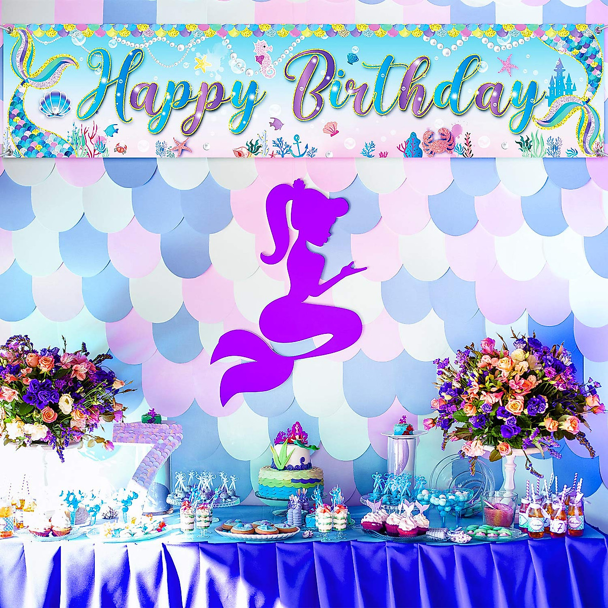 Tatuo Mermaid Banner Mermaid Happy Birthday Banner Under the Sea Girls Princess Party Decorations Background Photo Large Mermaid Glitter Banner for Birthday Party Supplies