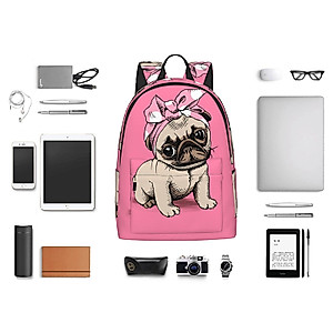 FeHuew 16 inch backpack Cute Pink Cartoon Pug Laptop Backpack Full Print School Bookbag Shoulder Bag for Travel Daypack