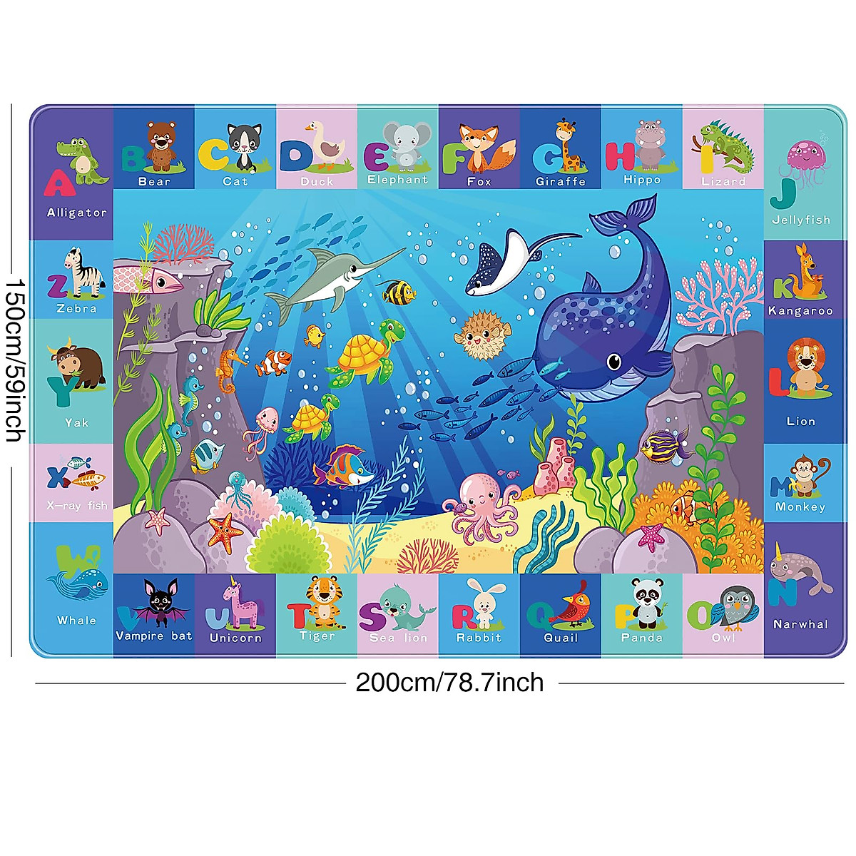 LTKOUGFAM Kids Play Rug, Animals Print Baby Mat for Floor, Kids Rug for Playroom, ABC Educational Rug, Non-Toxic Soft Baby Crawling Mat, Tummy Time Mat, Nursery Rugs (Blue, 78.7X59 INCH)