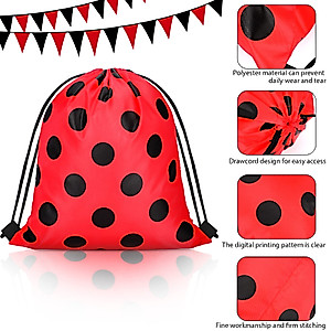 Woanger Ladybug Party Drawstring Bags Ladybug Party Favors Red Black Polka Dots Candy Goodie Gift Bags for Birthday Baby Shower Supplies(16 Pcs)