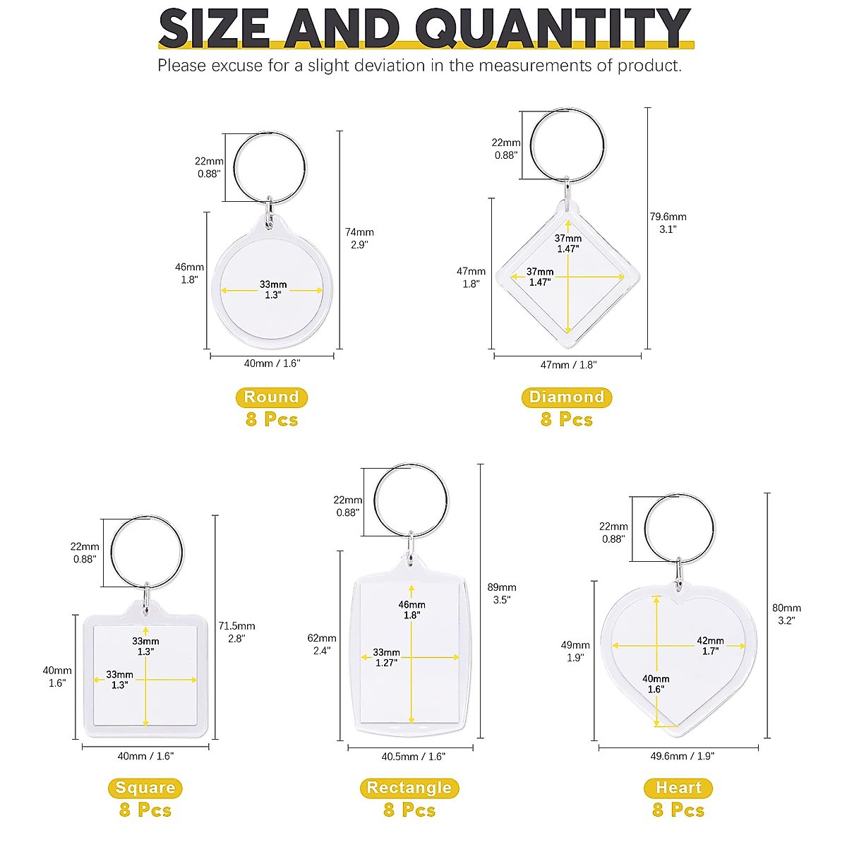 Mardatt 40Pcs Clear Acrylic Blank picture Photo frame keychain Personalized photo insert keychain bulk, Rectangle, Heart-Shaped, Round, Square and Rhombus Great for Personalized Keychains DIY Gift