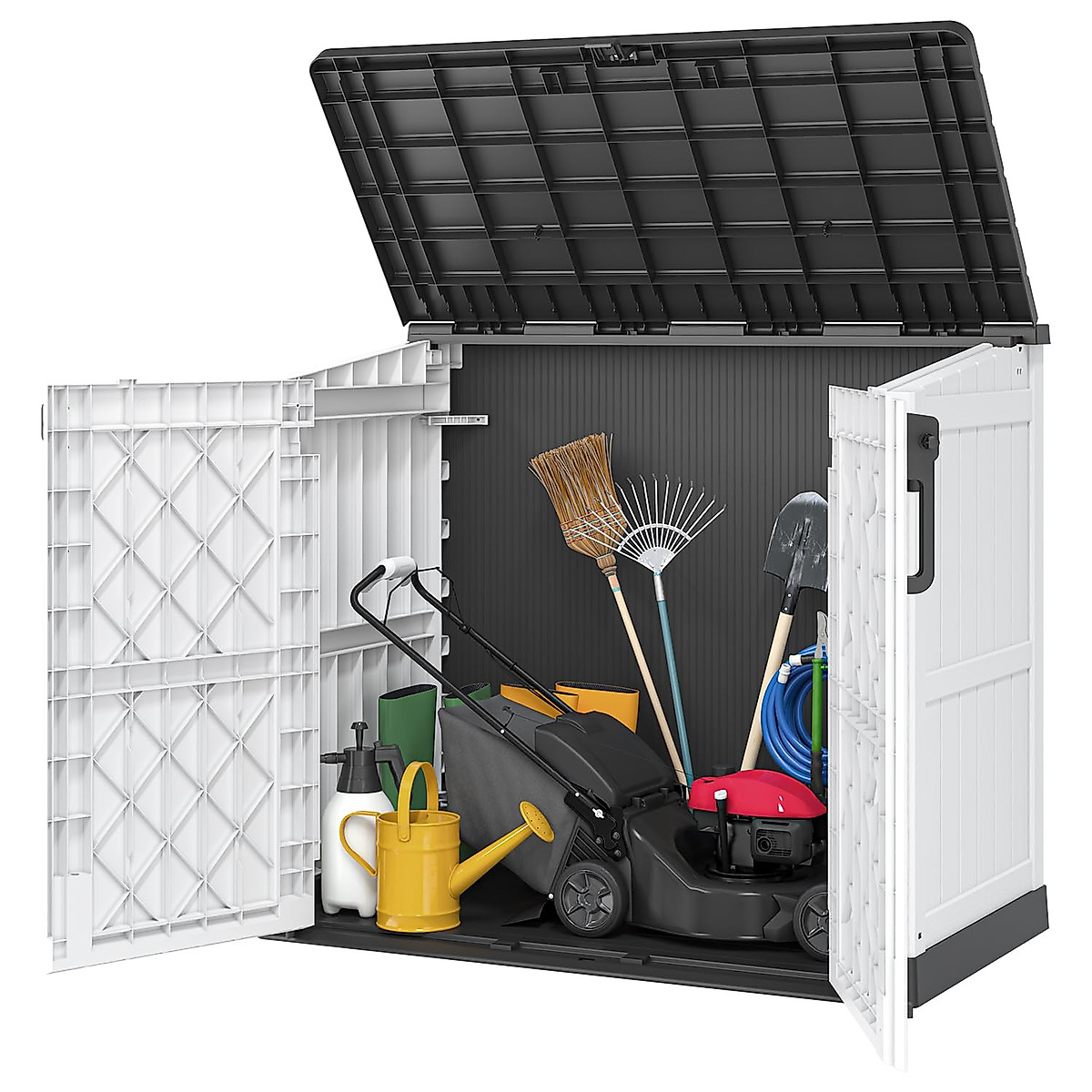 NUNU LAB Outdoor Storage Shed 36 Cu. Ft.Horizontal Garden Storage Extra Large Capacity Weather Resistant Storage Box, Lockable Resin Waterproof Shed for Easy Storage of Garbage Cans, Tools, Lawn Mower