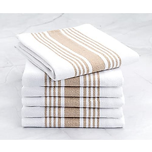 Cotton Dish Towels Set of 6 - Beige & White Tea Towels - Kitchen Dish Towels - Hand Towels with Hanging Loop - Striped Hand Towels, Farmhouse Dish Towels, Linen Bar Towels, (Beige/White, 18 x 28")