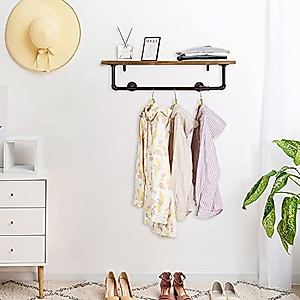 MyGift 31-Inch Industrial Garment Rack Wall Mounted Black Metal Pipe Hanging Clothing Rod and Brown Wood Storage Shelf