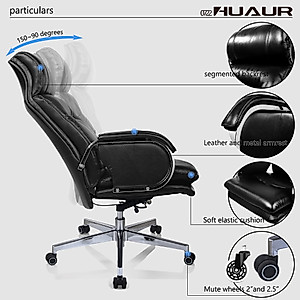 HUAUR Genuine Leather Modern Executive Chair High-Back Support 90 to 150 Degrees Tilt and Upholstered Home Desk Chair with Base 360LB Capacity Swivel Computer Office Chair (Black)