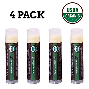 USDA Organic Lip Balm 4-Pack by Earth's Daughter- Eucalyptus Mint Flavor, Beeswax, Coconut Oil, Vitamin E - Best Lip Repair Chapstick for Dry Cracked Lips.