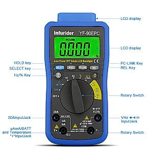 Digital Multimeter, INFURIDER YF-90EPC 4000 Counts Volt Meter, Auto-ranging Multimeter Tester Voltmeter Ammeter DMM for AC DC Volt, Amp, Ohm, Cap,Temp, Battery Test with USB Connect to PC