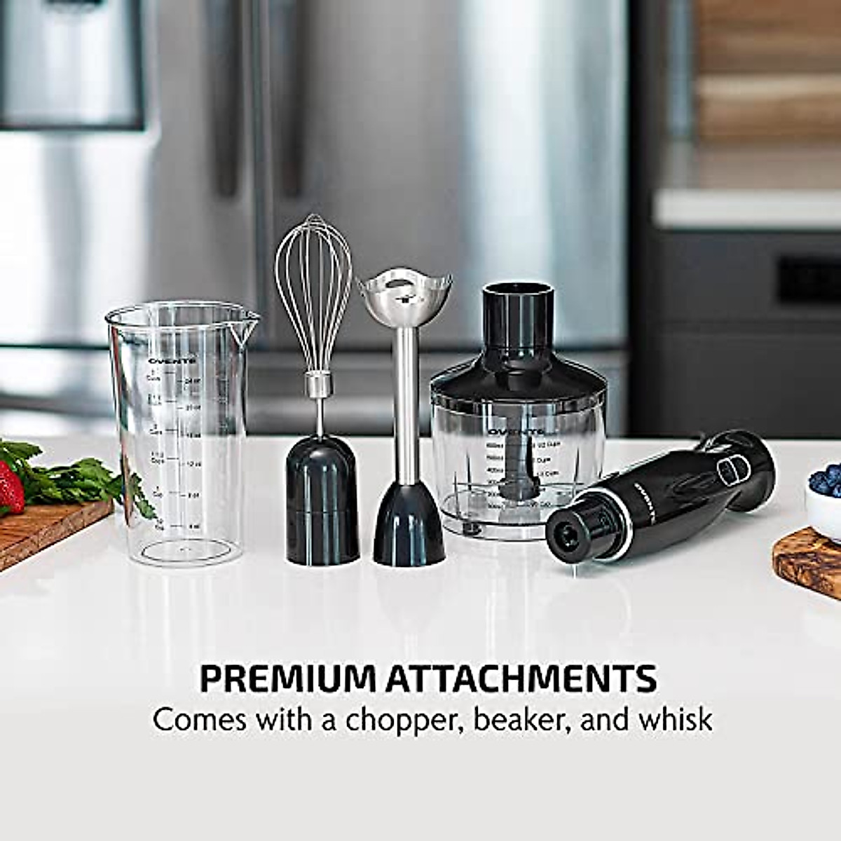 OVENTE Immersion Electric Hand Blender 300 Watt Power 2 Mix Speed with Stainless Steel Blades, Handheld Stick Mixer Set with Egg Whisk Attachment Mixing Beaker and BPA-Free Food Chopper, Black HS565B