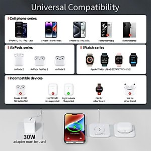 𝟏𝟓𝐖 for Magnetic Multple Devices,UCOMX Nano Pro 3-in-1 Wireless Charging Station,Top Speed Wireless Charger for Multple Device with 30W Adapter,Compatible for iPhone 15/14/13/12,AirPods,iWatch