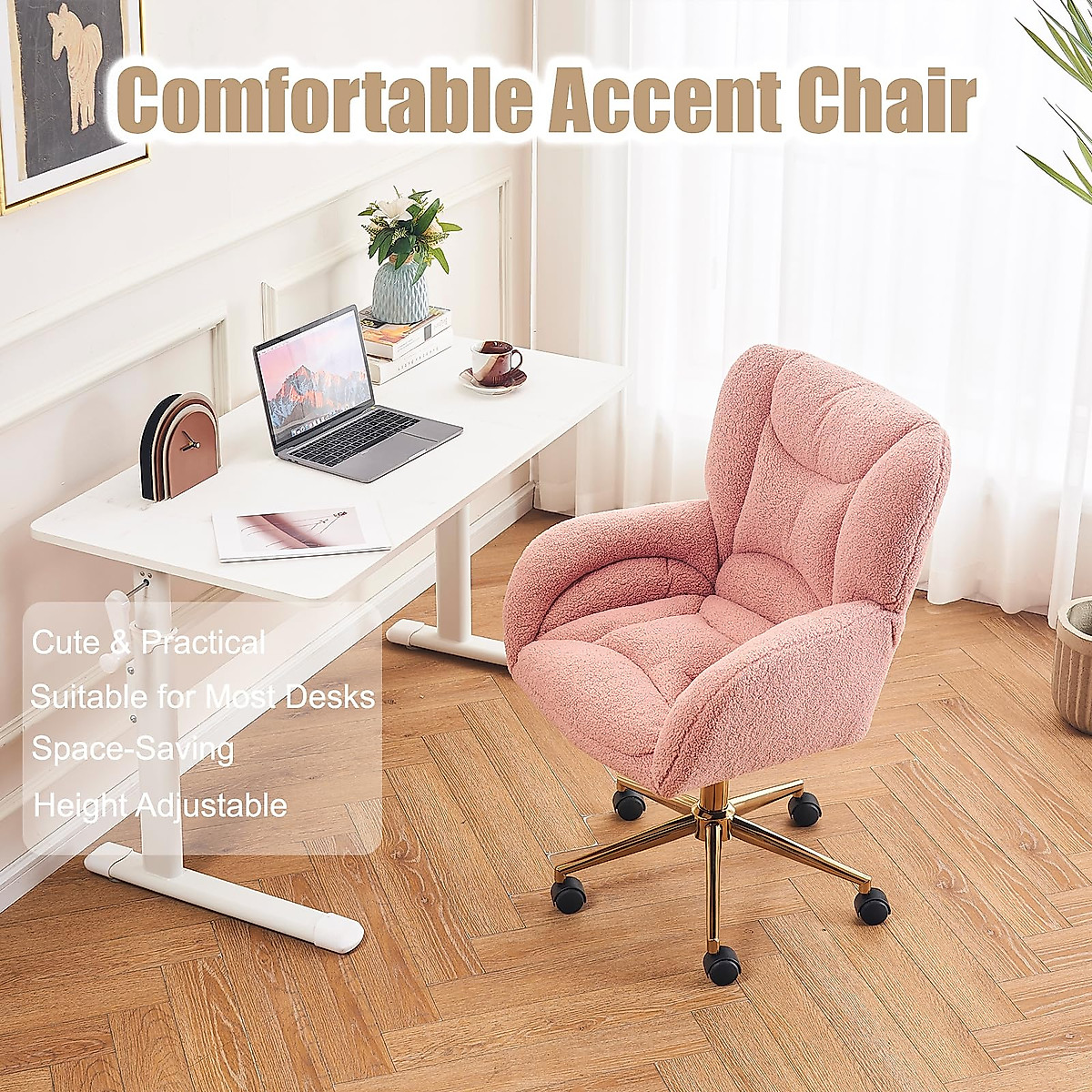 Anewome Swivel Office Desk Chair with Wheels Upholstered Sherpa Desk Modern Armchair Height Adjustable Computer Task Chair Boucle Makeup Vanity Desk with Gold Metal Frame, 38.2" H Pink