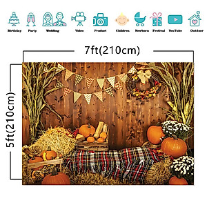 MAQTT 7x5FT Polyester Fall Thanksgiving Photo Backdrop Autumn Pumpkins Hay Maple Leaves Rustic Wooden Floor Barn Harvest Background Baby Birthday Wedding Holiday Party Banner Photography