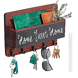 EMERAL Decor Pine Wood Wall Key Holder - Black Dry-Erase Chalkboard (Marker Included) - Decorative Rack Hook to Organize Keys, Mail, Dog Leashes - Housewarming Gift