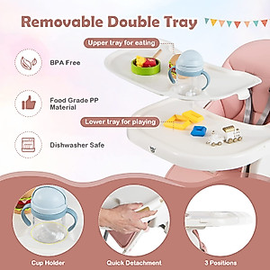 BABY JOY Baby High Chair, Foldable Highchair w/Toy Bar, 7 Heights, 4 Reclining Angles, Adjustable Footrest, Removable Double Tray, PU Cushion & Lockable Wheels for Babies Toddlers, 6-36 Months (Pink)