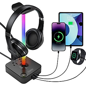 RGB Headphone Stand with USB Charger COZOO Desktop Gaming Headset Holder Hanger with 3 USB Charger and 2 Outlets - Great for Gaming, DJ, Wireless Earphone Display,Gamer PC Accessories Boyfriend Gifts