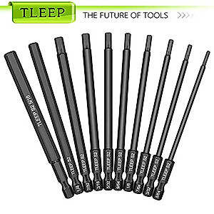 TLEEP 10 x Long 100MM 1/4 Inch Hex Head Allen Wrench Drill Bits, 5/16” to 5/64”, SAE, Magnetic Tips Screwdriver Socket Bit Set for Ikea Type Furniture (S2 Steel 5/16 inch to 5/64 inch)