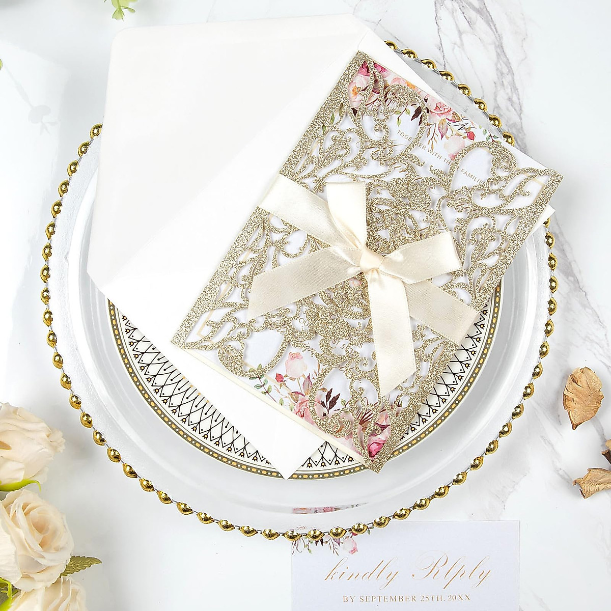 Maffily 50pcs Gold Glitter Laser Cut Invitation Pocket Blank Wedding Invitations with Envelopes And Rsvp Cards Ribbons for Wedding Quinceanera Bridal Shower Engagement Party Invite