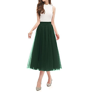 OBBUE Women's A Line Tulle Party Evening Tutu Skirts Tea Length Dark Green-L/XL