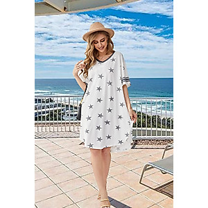 ft FENTENG Nightgowns for Women Sleepwear Loose Short Sleeve Nightdress V Neck Nightgowns Sleepshirts Comfy Nightshirt S-3XL (White, L)