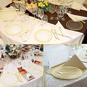 Eccliy 200 Pieces Gold Plastic Dessert Plate Sets 100 Clear Disposable Cake Plate 6 Inch and 100 Fork 5 Inch Gold Rim Round Salad Appetizer Plate Folk Set for Buffet Hotel Birthday Wedding Party