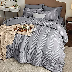 Bedsure Bed in a Bag Queen - Queen Comforter Set 7 Pieces Stripes Seersucker Bedding Set, Soft Lightweight Down Alternative Comforter, Queen Bed Set (Smoky Grey, Queen 88 x 88 Inch)