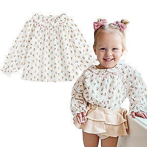 Curipeer Baby Girls White Long Sleeve Blouse Cotton Floral Toddler Tops Shirt 18-24M for Spring