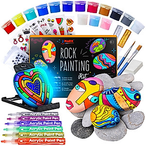 J MARK Premium Rock Painting Kit - 42 Piece Rock Paint Bundle- Rocks, Acrylic Paint Markers, Glow in The Dark, Metallic and Acrylic Paints, Transfer Stickers, Gems, Googly Eyes, Glitter Glues,Palette