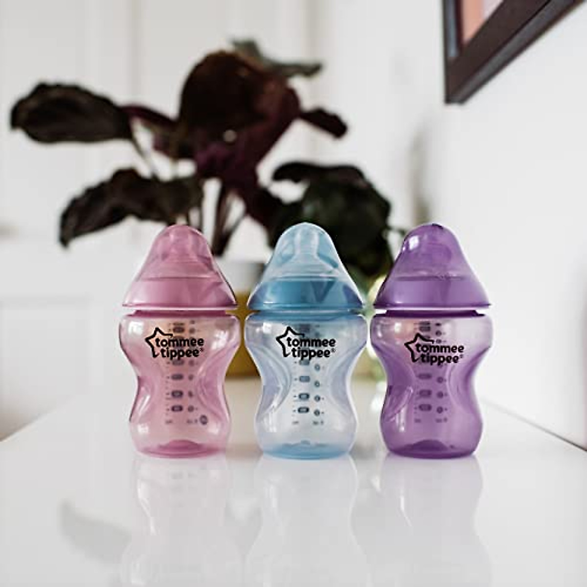 Tommee Tippee Closer to Nature Baby Bottles, Slow Flow Breast-Like Nipple with Anti-Colic Valve, 9oz, 3 Count, Colour My World Pacific - Pink