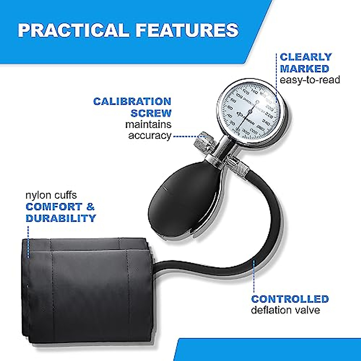 Primacare DS-9185 Aneroid Sphygmomanometer and Blood Pressure Cuff Set with Portable Case, 5 Sized Nylon Cuffs with Deflation Valve, BP Cuff Manual Kit for Infant, Child, Adult, Large Adult, Thigh