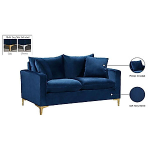 Meridian Furniture Naomi Collection Modern | Contemporary Velvet Upholstered Loveseat with Stainless Steel Base in a Rich Gold or Chrome Finish, Navy