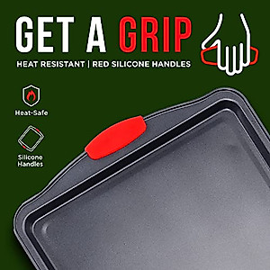 Baking Pan Set – 3 Piece Cookie Sheet – Deluxe Black Non-Stick Carbon Steel – Silicone Handles – Commercial Grade Restaurant Quality – PFOA PFOS and PTFE Free by Bakken