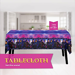 Disney Descendants Party Supplies Kit | Birthday Decorations | Serves 16 Guests | Table Cover, Plates, Cups, Napkins, Forks, Button | Descendants 2 and 3 Featuring Mal and Uma