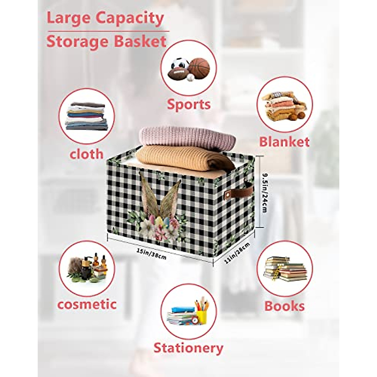 Easter Storage Bins with Handles, Rabbit Ears Eucalyptus Leaves Flower Black Buffalo Plaid Storage Basket for Shelves, Cube Storage Organizer Bins for Toys, Closet (1 Pack, 15" x 11" x 9.5")
