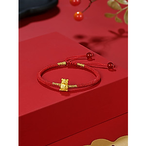 ZHOU LIU FU 24K Solid Gold Bracelets, Real Pure Gold Bracelet Chinese Zodiac Jewelry Adjustable Red Braided Bracelet Rabbit Dragon Dog Piggy with Blessing Idiom for Women Men Girlfriend